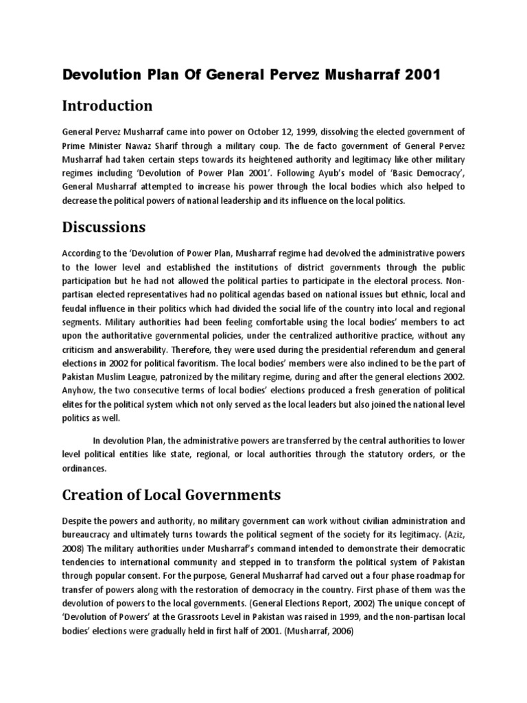 Devolution Plan of General Pervez Musharraf 2001 | PDF | Devolution ...
