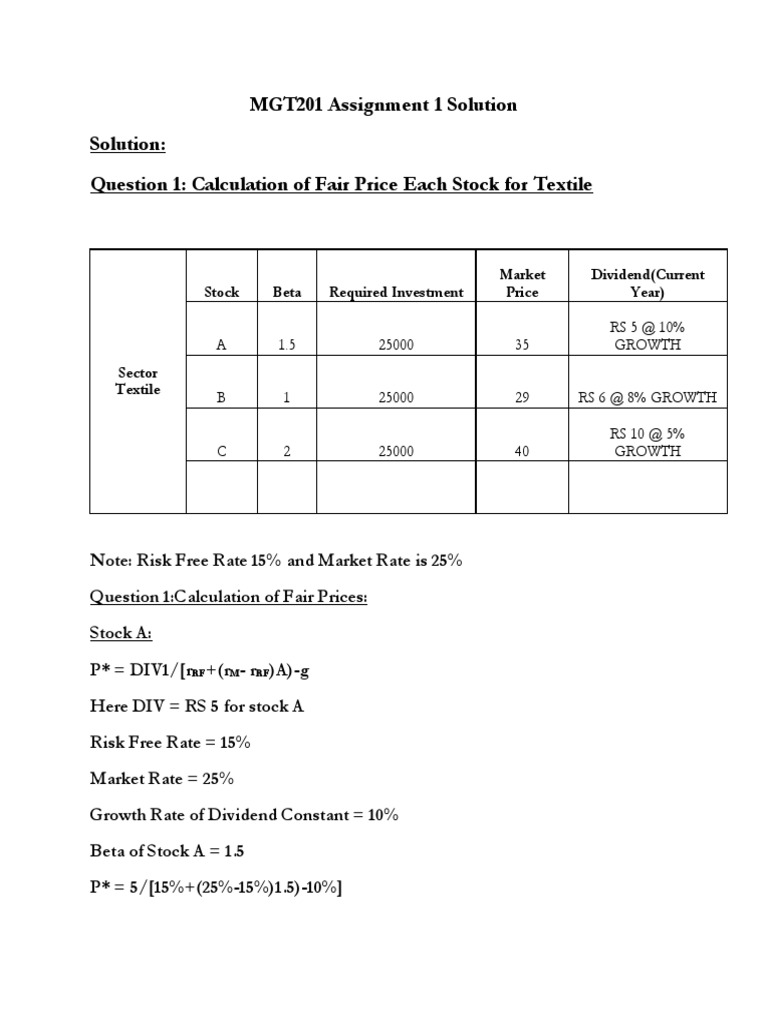 MGT201 Assignment 1 Solution Solution Question 1 Calculation Of Fair