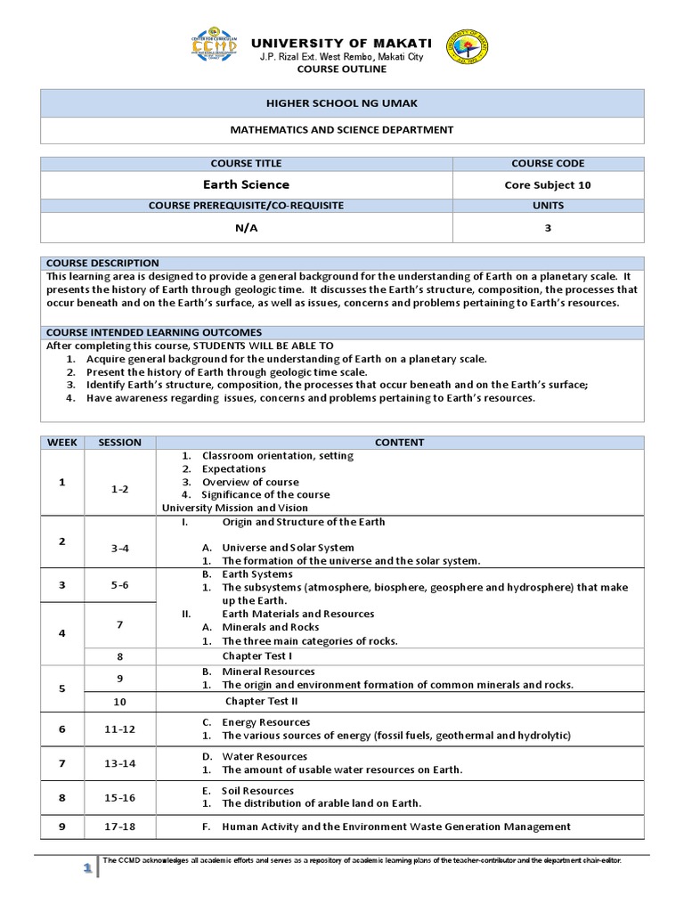 Course Outline Earth Science | PDF | Geology | Global Natural Environment