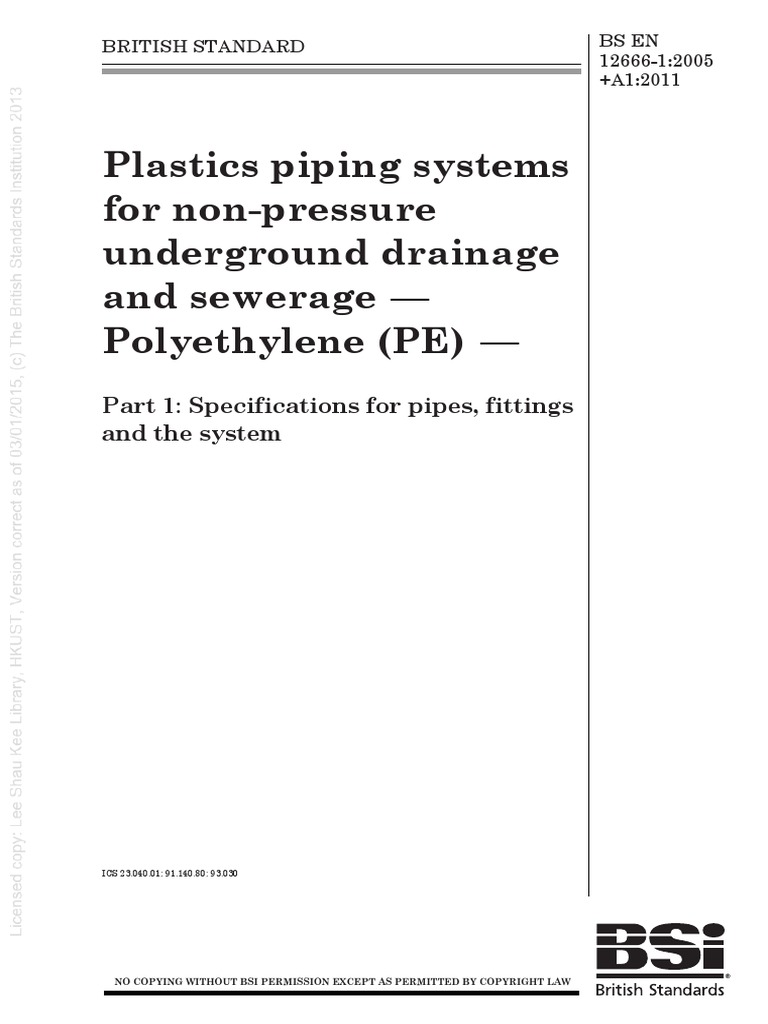 Plastics Piping Systems For Non-Pressure Underground Drainage and Sewerage Polyethylene (PE ...