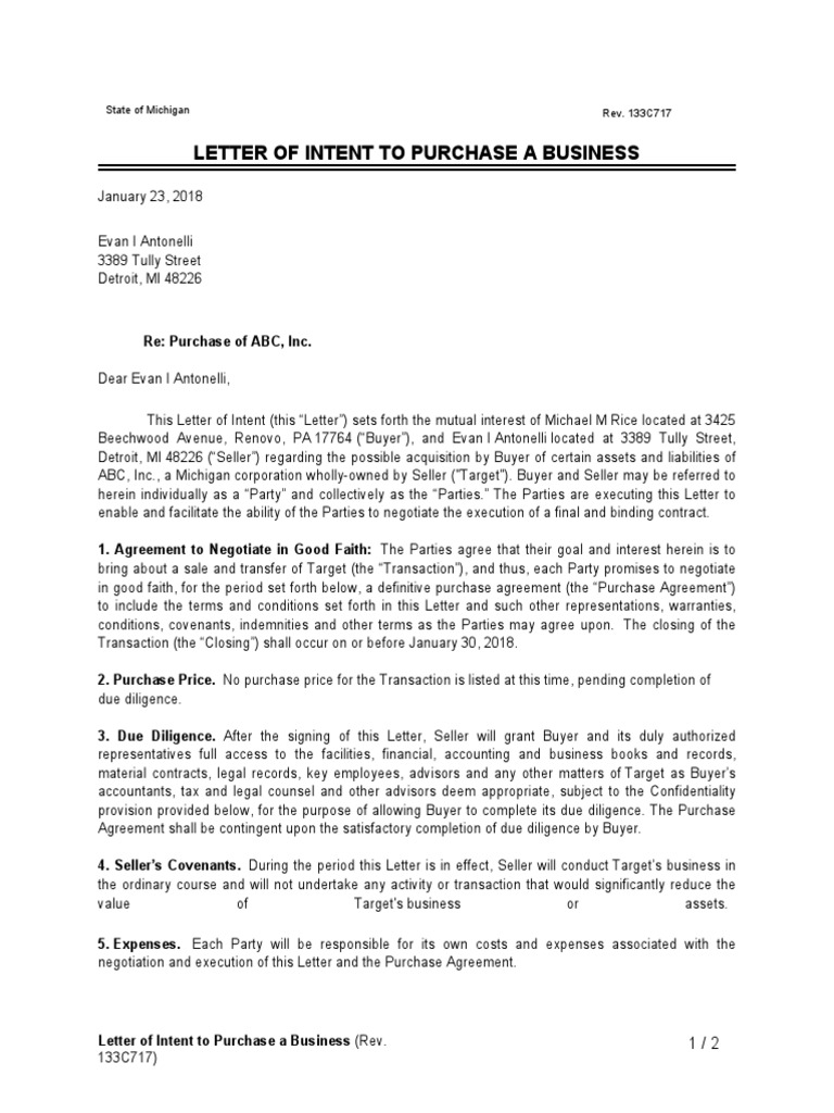 Sample Letter of Intent | PDF | Financial Transaction | Contractual Term