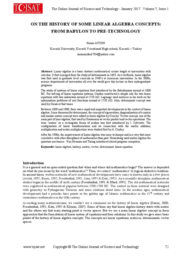On The History of Some Linear Algebra Concepts: From Babylon To Pre ...