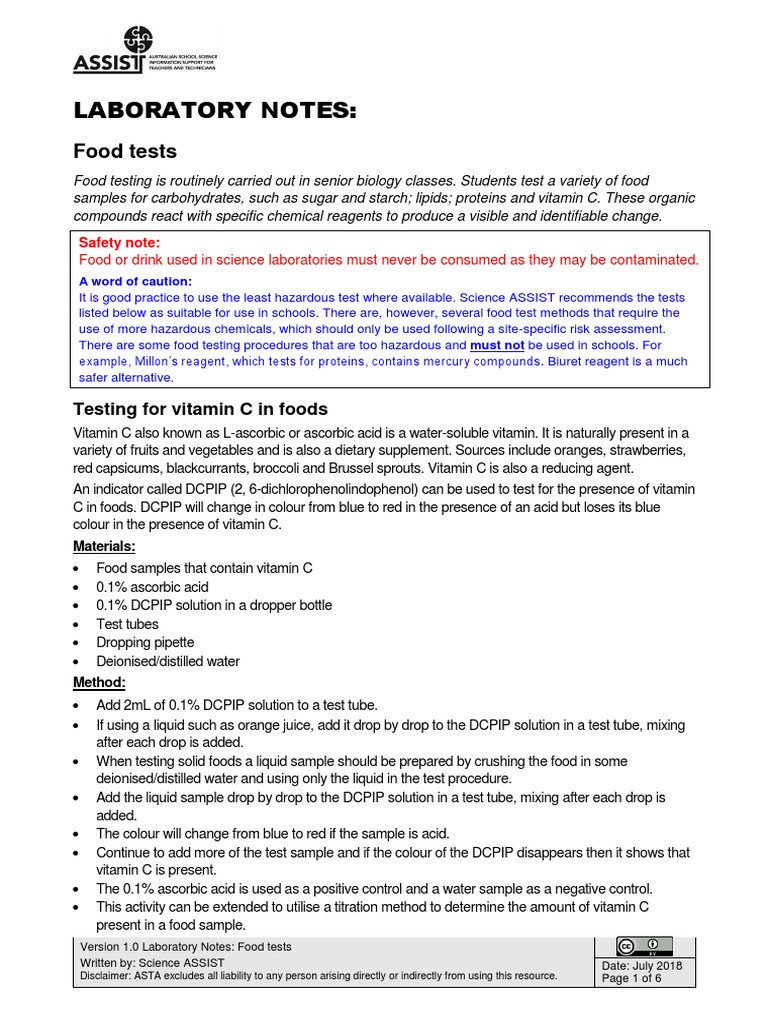 Laboratory Notes on Food Tests | PDF | Starch | Vitamin C