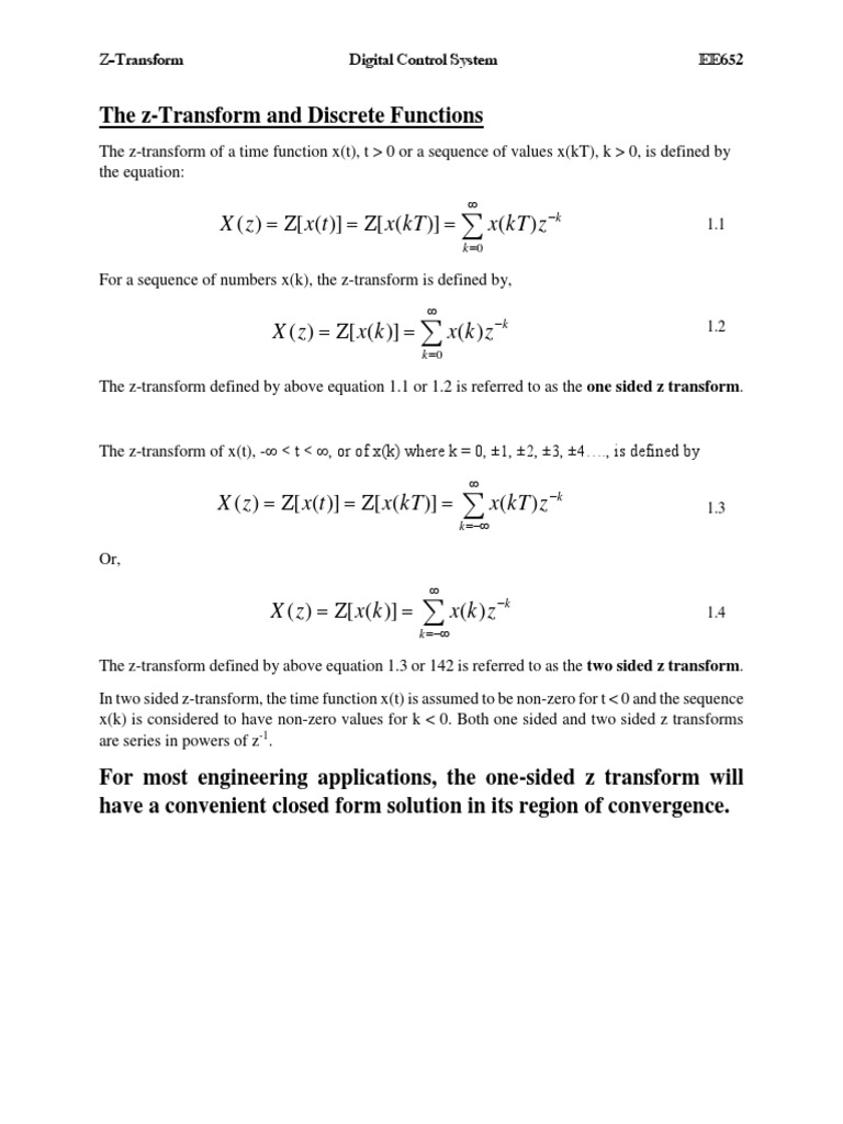 The Z-Transform and Discrete Functions: Z KT X KT X T X Z X | PDF ...