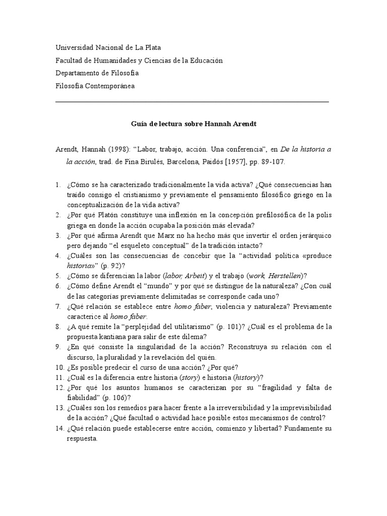 Guía de Lectura - Hannah Arendt | PDF | Hannah Arendt | Filosofía