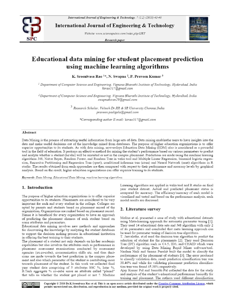 Educational Data Mining For Student Placement Prediction Using Machine Learning Algorithms ...