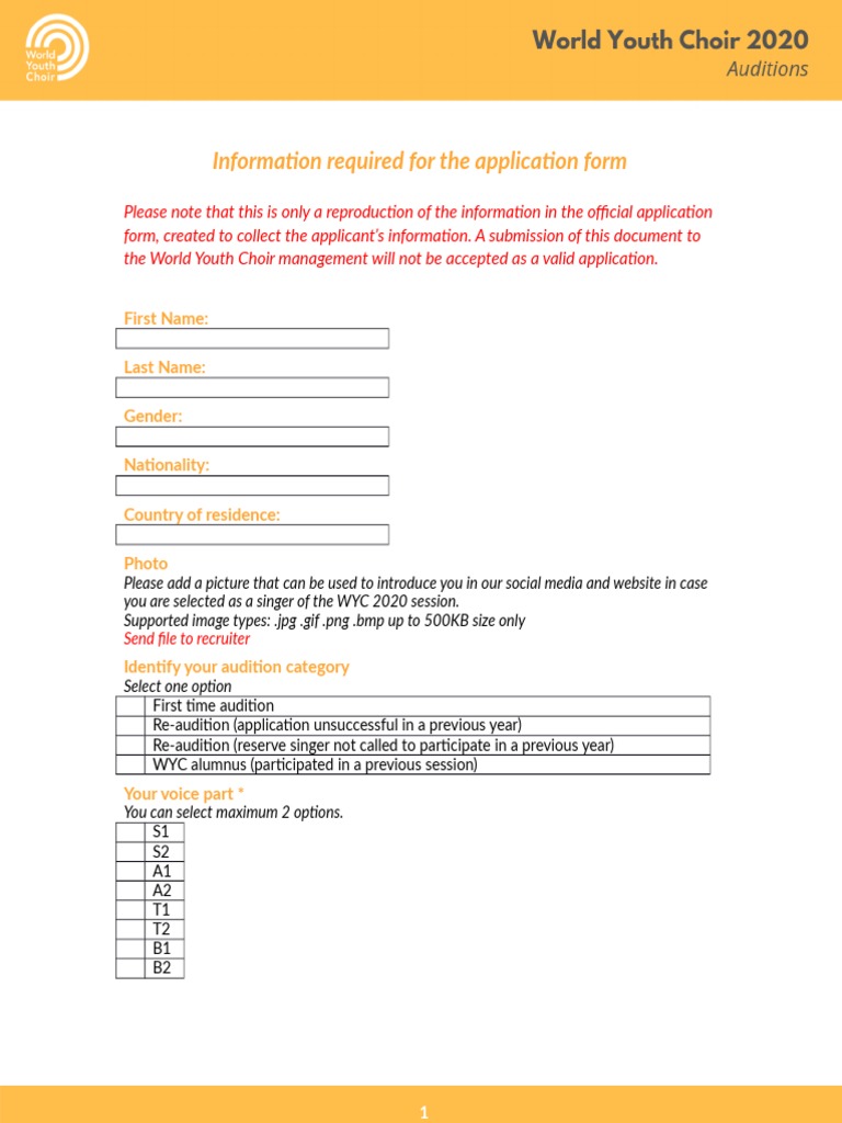 World Youth Choir Application Form | PDF | Identity Document | Passport