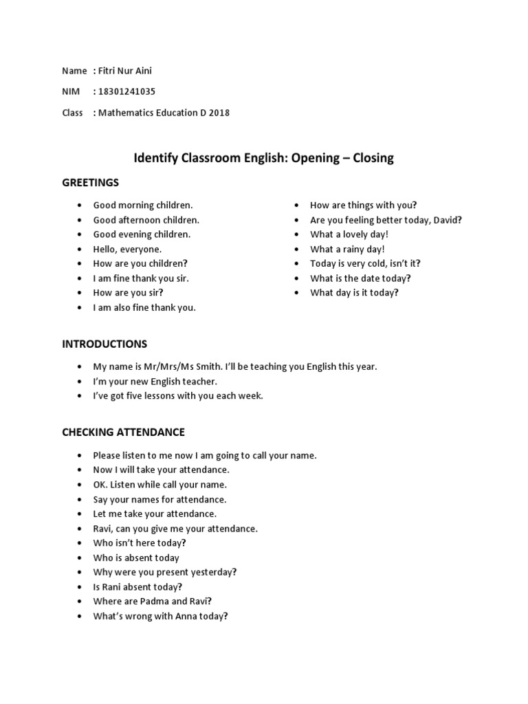 Identify Classroom English: Opening - Closing: Greetings | PDF