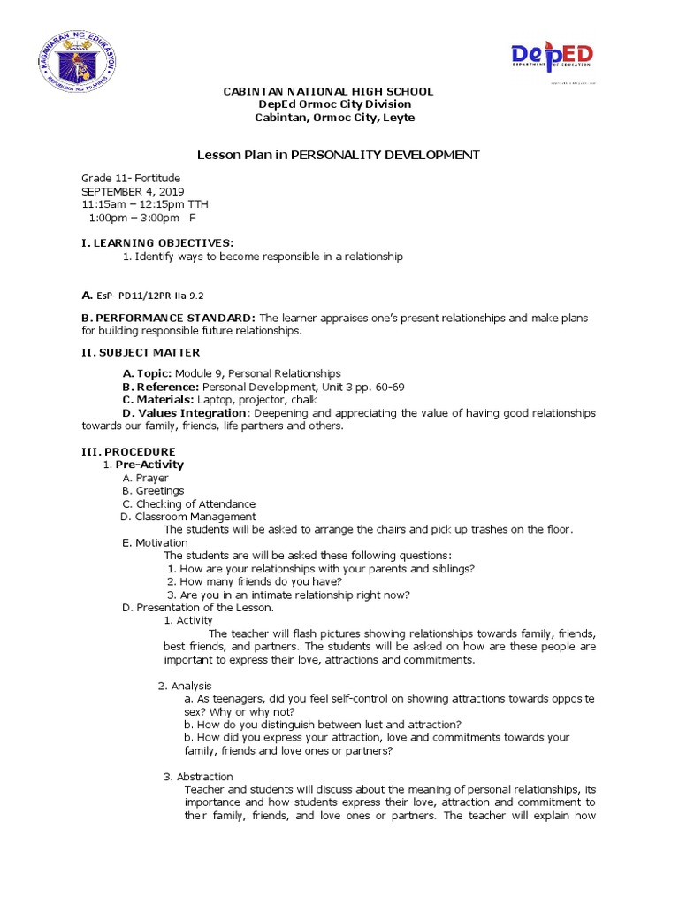 Lesson Plan in Personality Development | PDF | Love | Lesson Plan