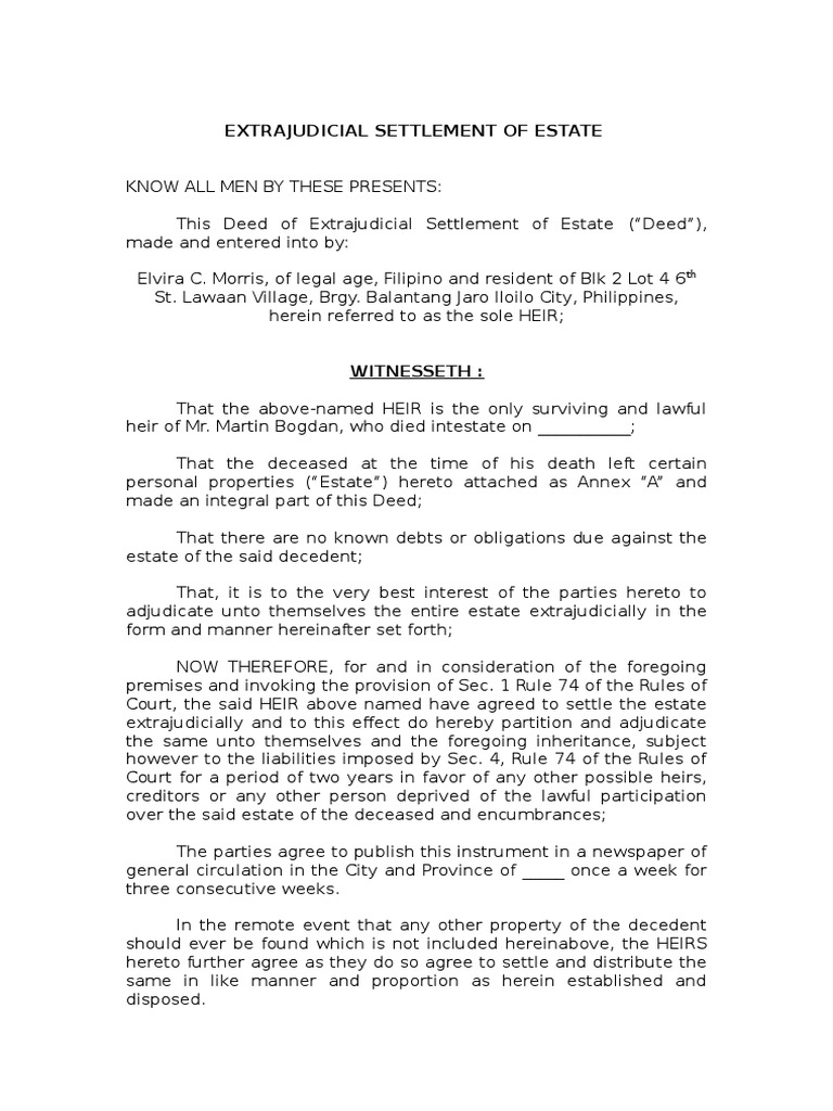 Extrajudicial Settlement Of Estate Extrajudicial Settlement Of Estate