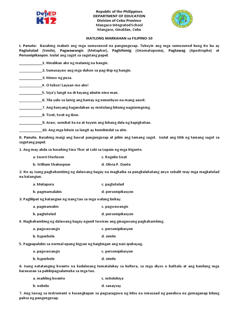 3rd Quarter Filipino-10 Questionnaire | PDF