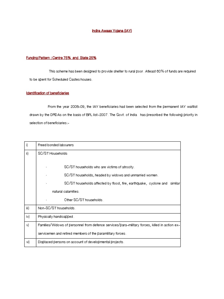 Indira Awaas Yojana Overview and Funding | PDF
