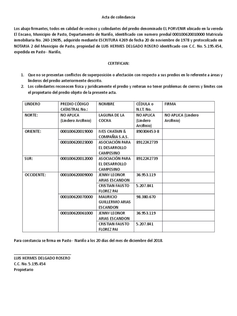 Acta de Colindancia Predio 0010 | PDF