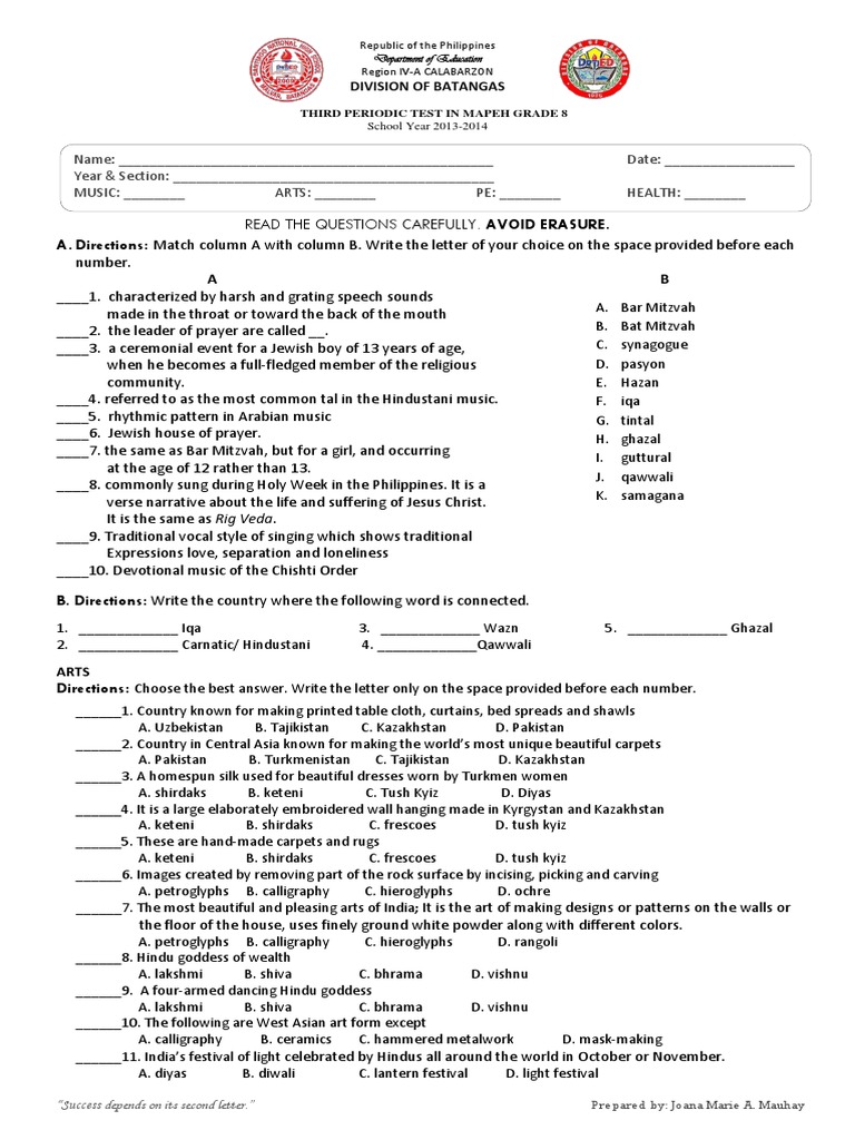 Read The Questions Carefully. Avoid Erasure.: A. Directions | PDF ...