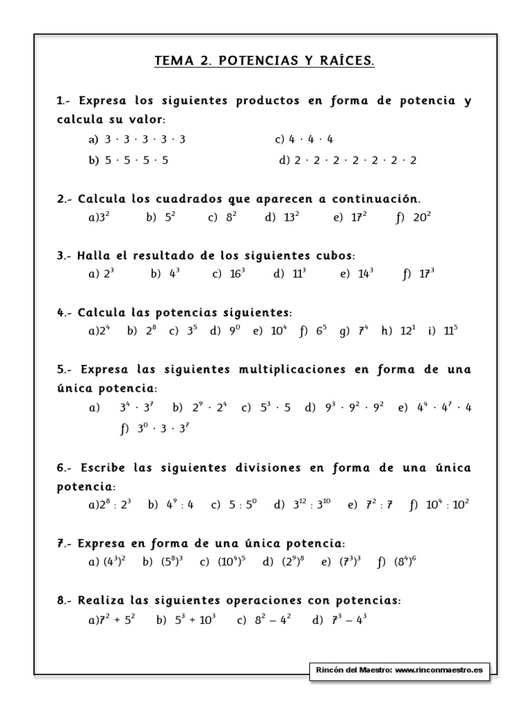 Potencias y Raíces 1 Eso | PDF | Ajedrez | Enseñanza de matemática