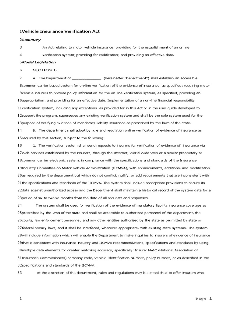 Vehicle Insurance Verification Act: Section 1 | PDF | Verification And ...