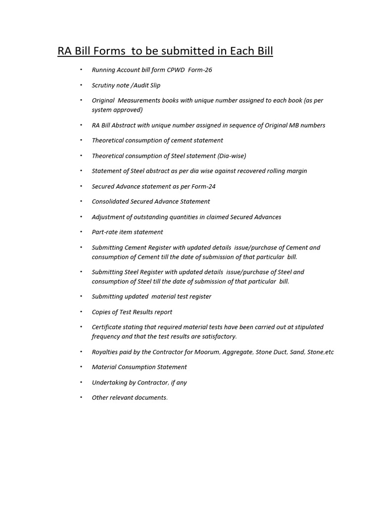 RA Bill Forms To Be Submitted in Each Bill: System Approved) | PDF