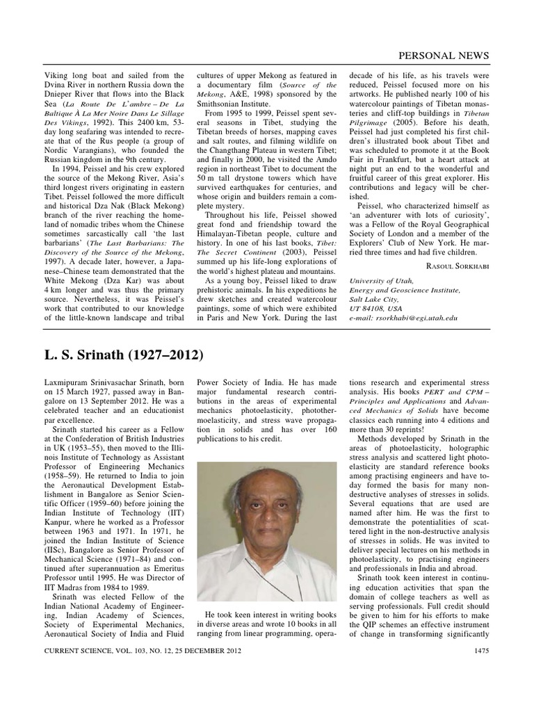 L. S. Srinath (1927-2012) : Personal News | PDF | Tibet | Curriculum