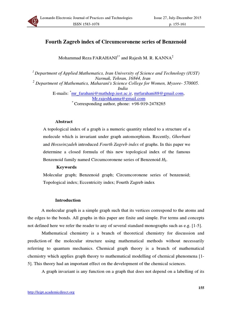 Fourth Zagreb Index of Circumcoronene Series of Benzenoid | PDF | Molecules | Vertex (Graph Theory)