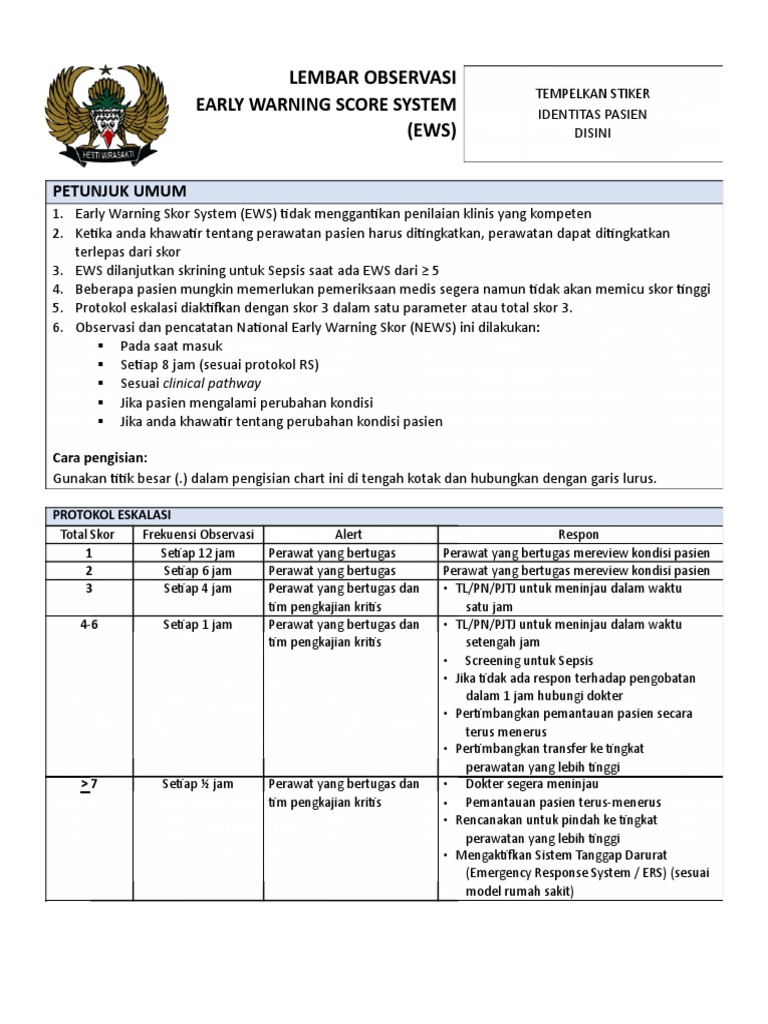 Early Warning Score System: Lembar Observasi (EWS) | PDF