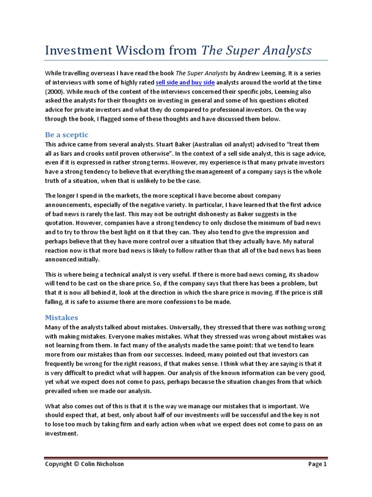 Investment Wisdom From The Super Analysts | PDF | Stock Market | Investing