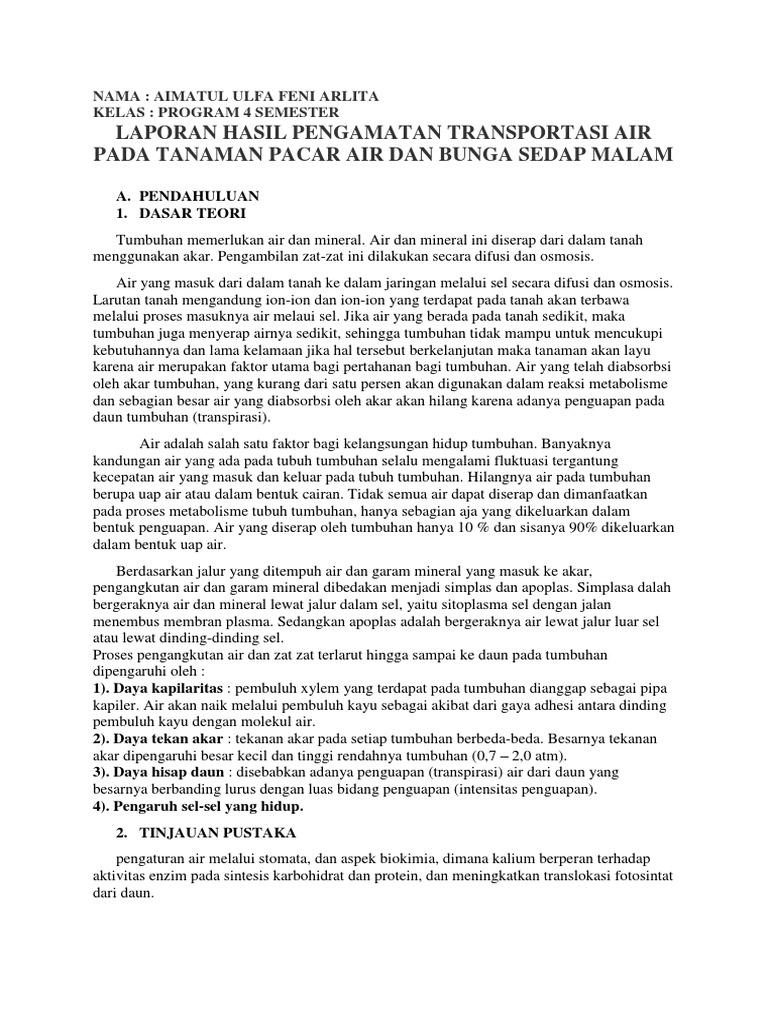 Laporan Hasil Pengamatan Transportasi Air Pada Tanaman Pacar Air Dan ...