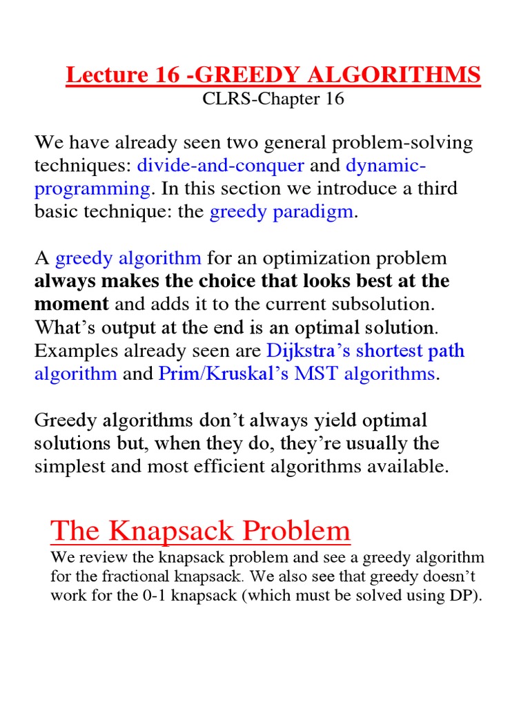 The Knapsack Problem: Lecture 16 - Greedy Algorithms | PDF | Algorithms ...