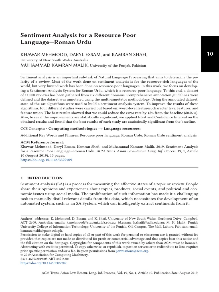 Sentiment Analysis For A Resource Poor Language Roman Urdu Pdf Data Analysis Artificial