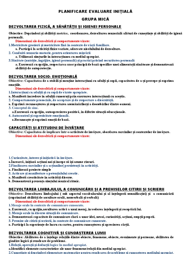 Planificarea Evaluare Inițială Grupa Mică | PDF
