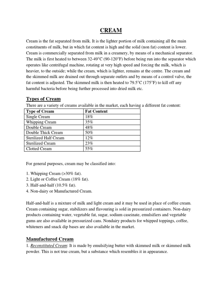 Types of Cream | PDF | Cream | Whipped Cream