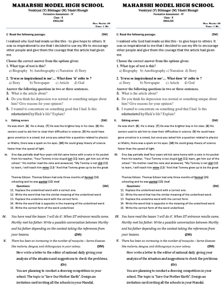 10th Class Question Paper Unit 1 | PDF | Cognition
