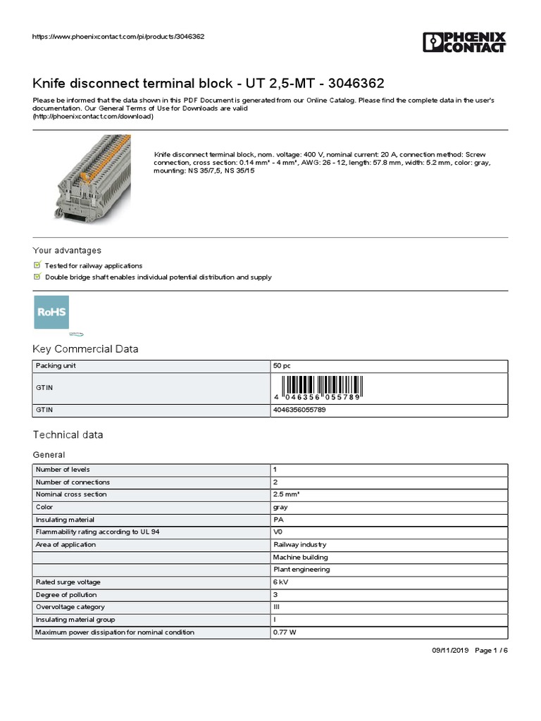 Knife Disconnect Terminal Block - UT 2,5-MT - 3046362: Key Commercial ...