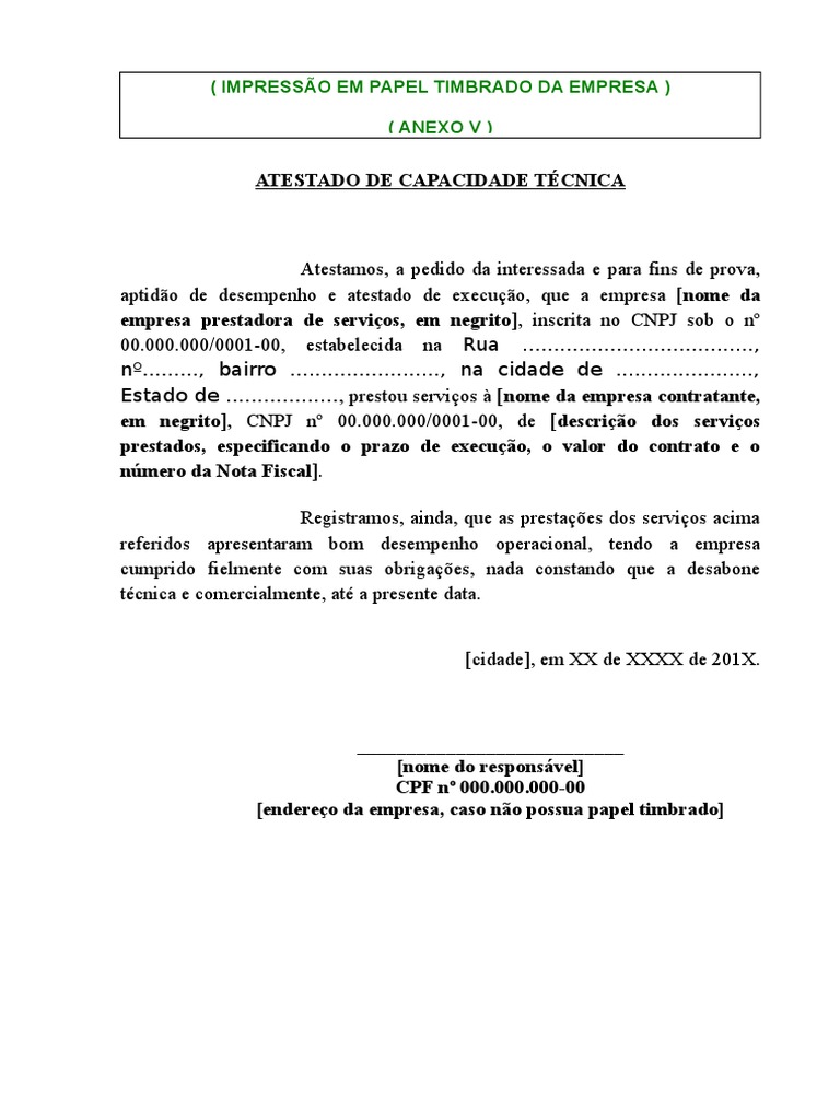 Modelo De Atestado De Capacidade Técnica Pdf