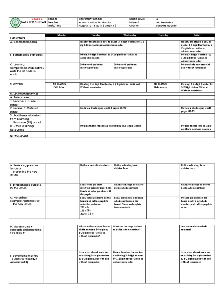 DLP in Math 4 Week 1 Second Quarter | PDF | Education Theory | Teaching
