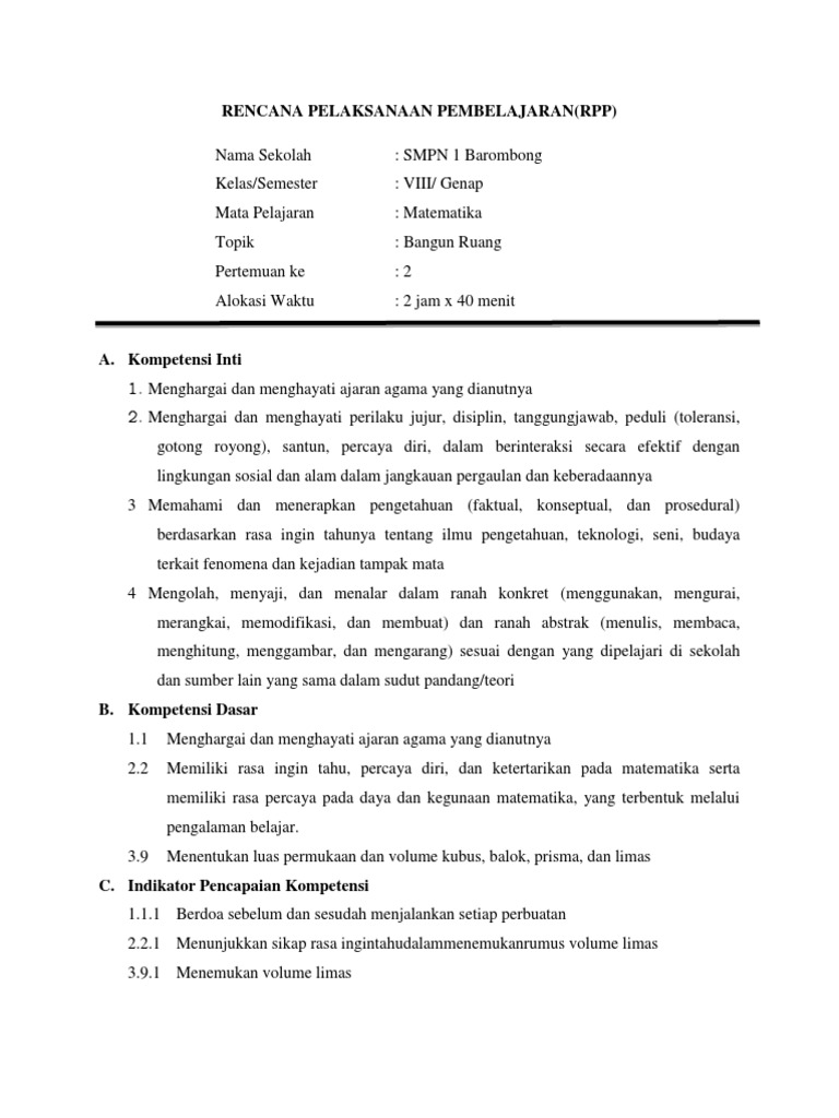 RPP MTK Bangun Ruang (Model Discovery Learning) | PDF