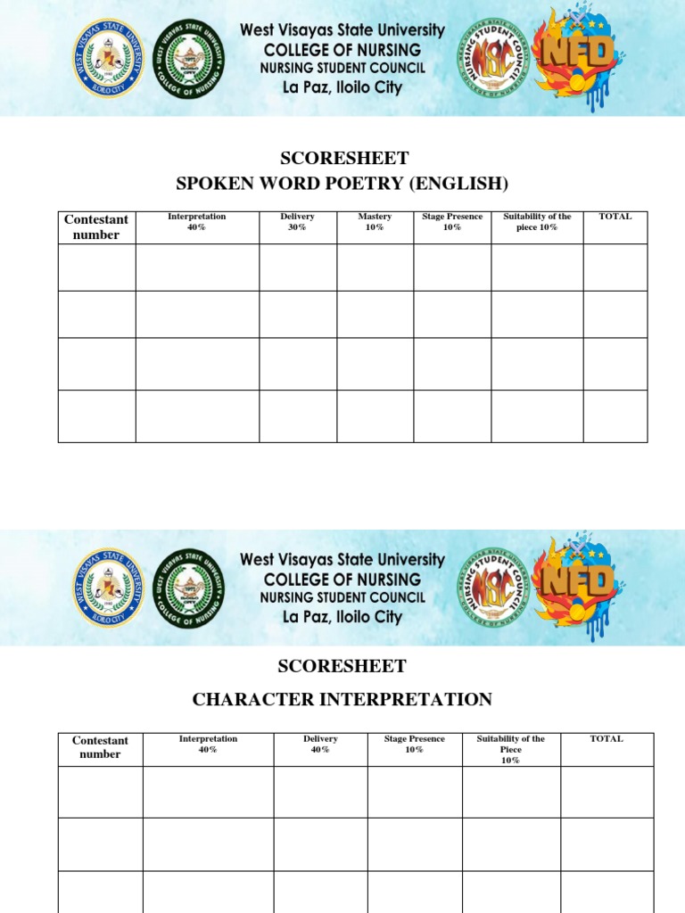 Scoresheet Spoken Word Poetry (English) : Contestant Number | PDF