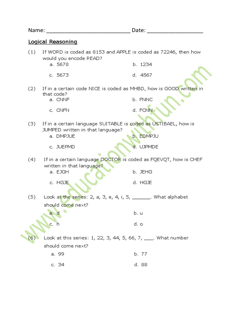 Logical Reasoning Worksheet 3 | PDF