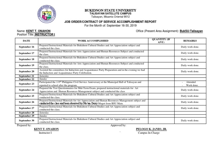 Bukidnon State University: Job Order/Contract of Service Accomplishment ...
