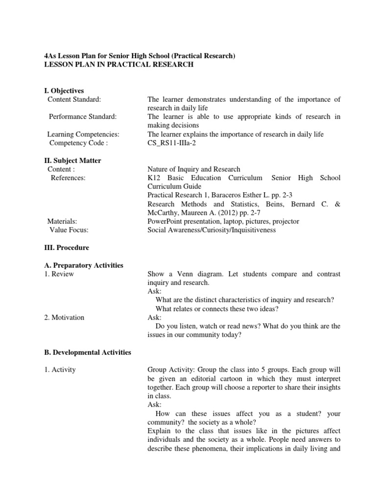 Lesson Plan in Practical Research | PDF | Lesson Plan | Education Theory