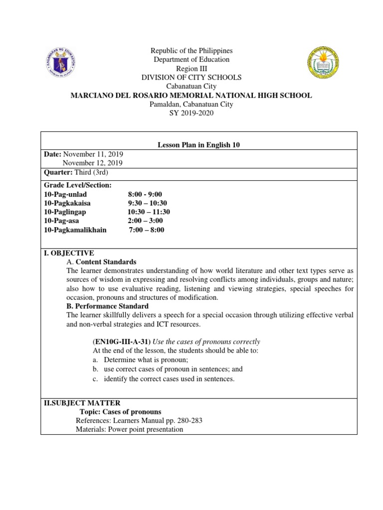 (EN10G-III-A-31) Use The Cases of Pronouns Correctly at The End of The ...