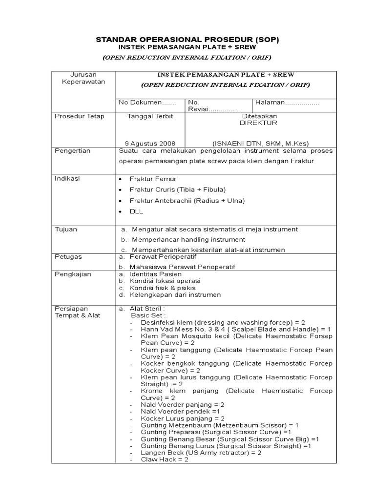 Standar Operasional Prosedur (Sop) : (Open Reduction Internal Fixation ...