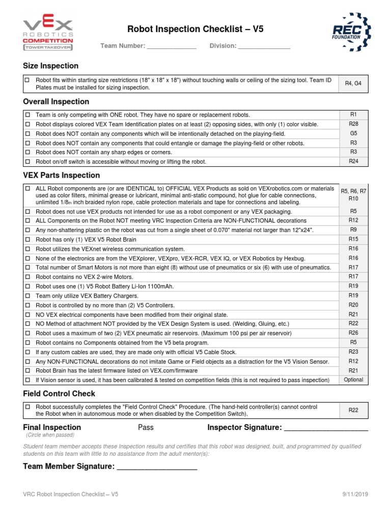 Robot Inspection Checklist - V5 | PDF | Robot | Robotics