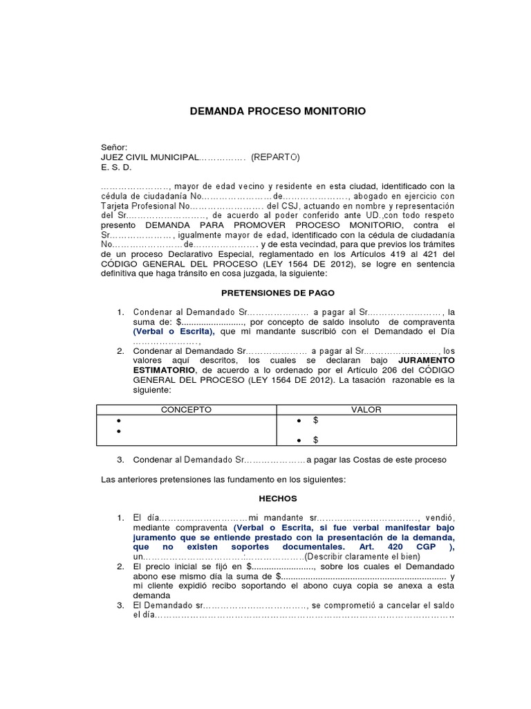 Demanda Proceso Monitorio | PDF | Demanda judicial | Justicia