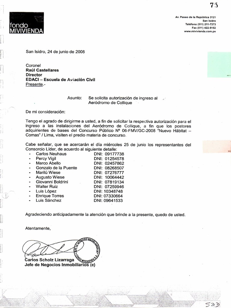 Carta FMV 24 JUN 2008 Carlos SCHOLZ LIZARRAGA A Director EDACI Raúl Castellares - Solicita ...