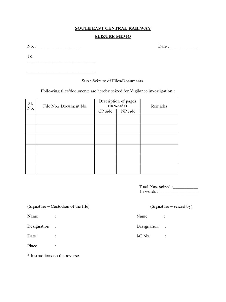 South East Central Railway Seizure Memo | PDF | Business