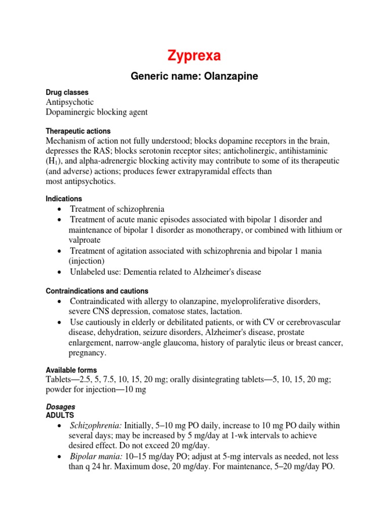 Zyprexa: Generic Name: Olanzapine | PDF | Olanzapine | Antipsychotic