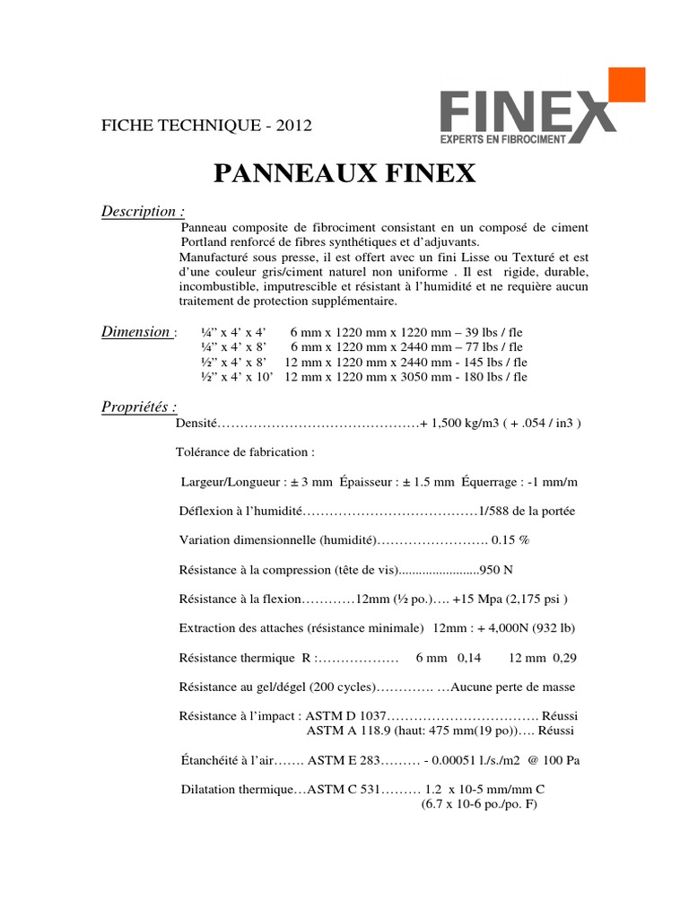 Fiche Technique Panneaux de Fibrociment FINEX 2012 | PDF | Ingénierie ...