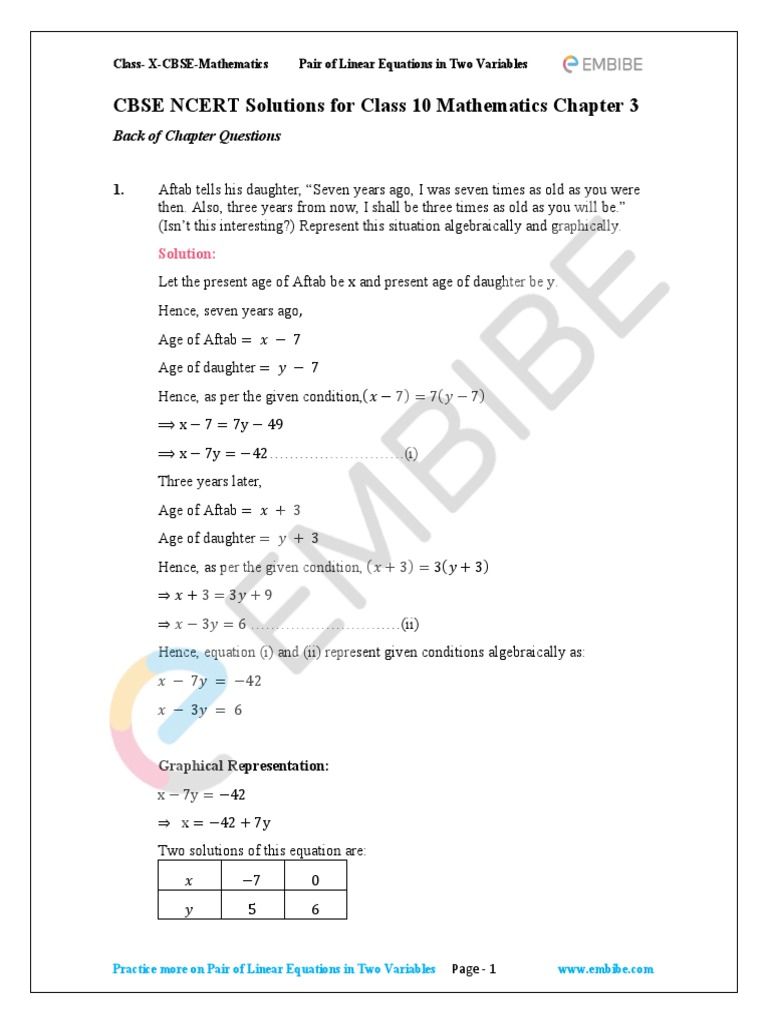 Chapter 3 - Pair of Linear Equations in Two Variables1 PDF | PDF | System Of Linear Equations ...