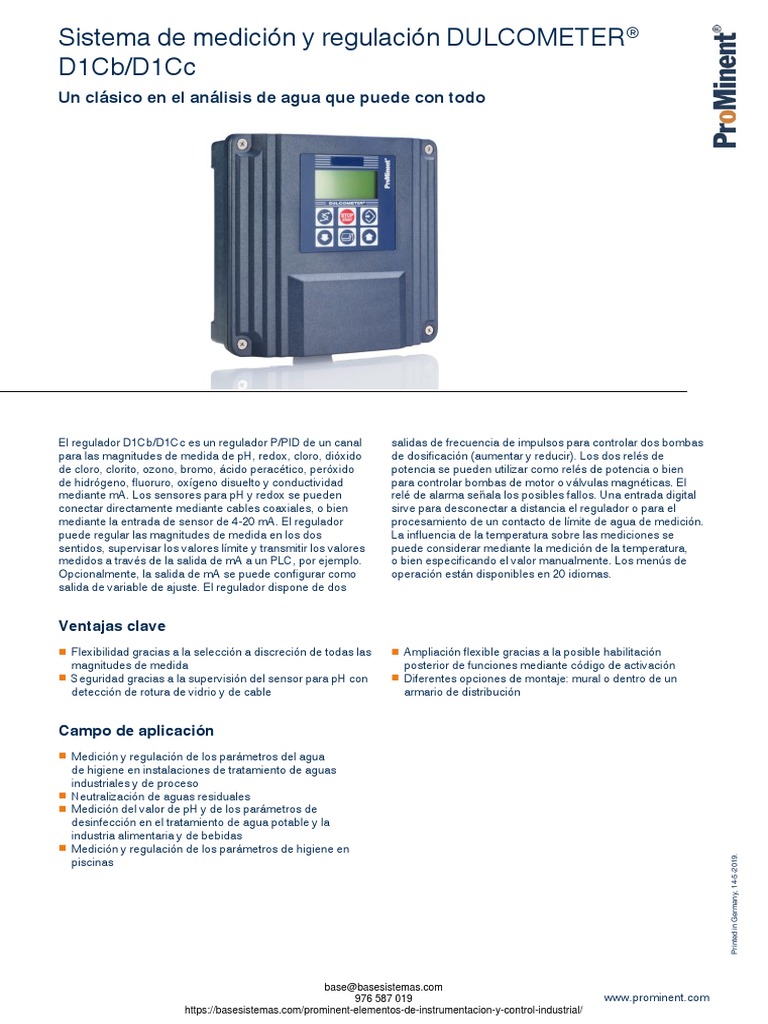 Dispositivo Medicion y Regulacion Prominent Dulcometer d1cb d1cc | PDF | Relé | Sensor