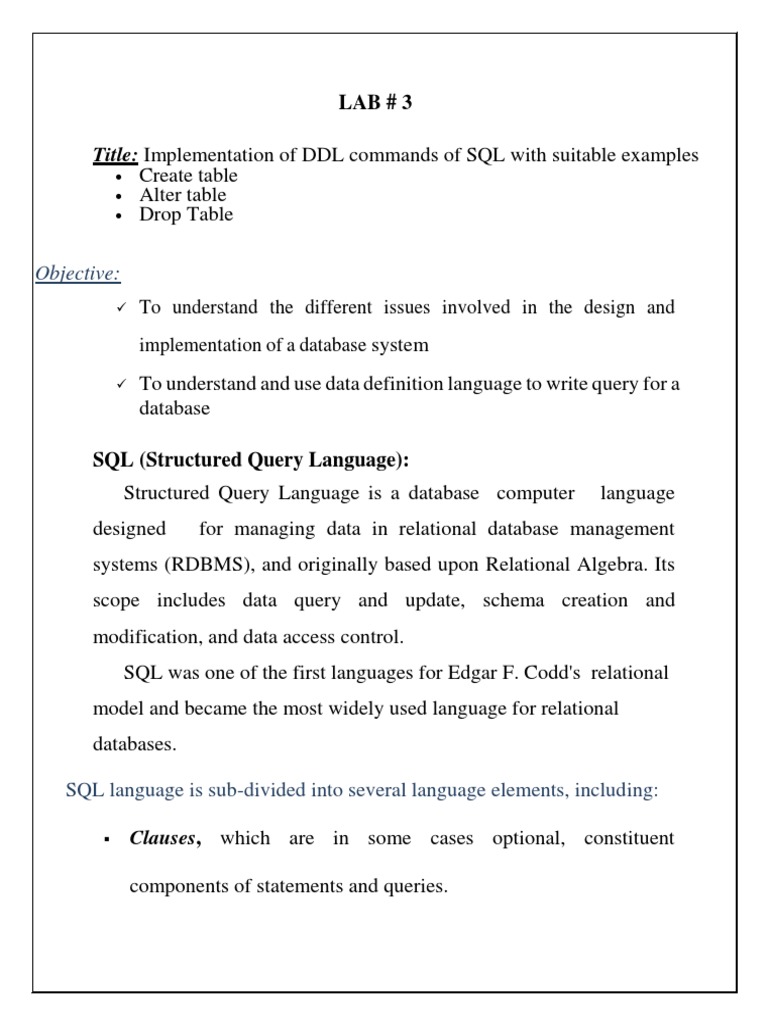 Title: Implementation of DDL Commands of SQL With Suitable Examples | PDF | Sql | Relational ...